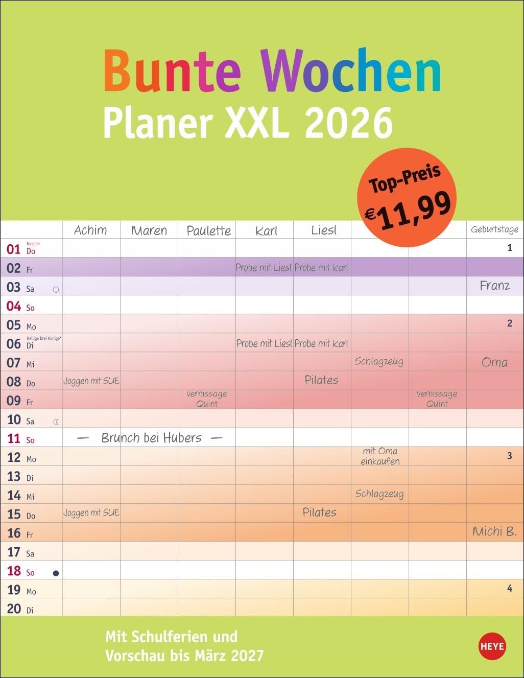 Bunte Wochen Planer XXL 2026: Praktischer Kalender 2026: 8 Spalten ...
