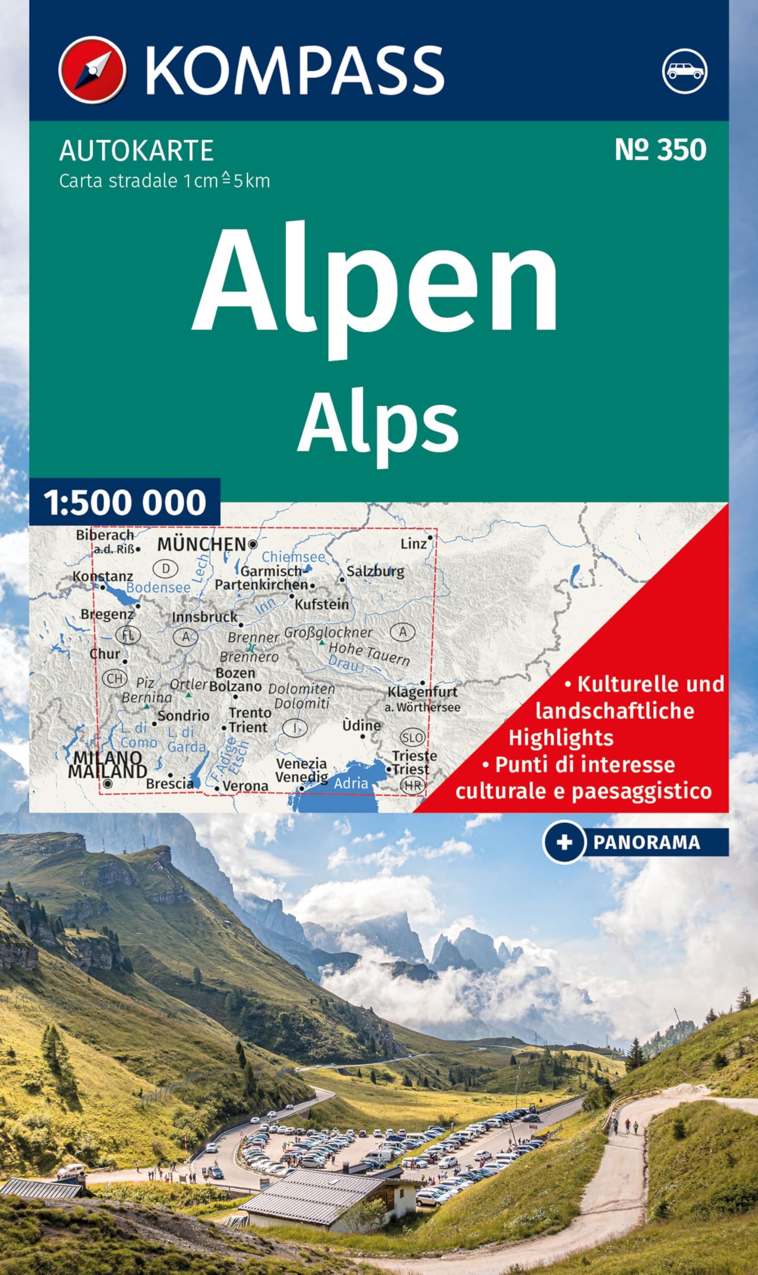 KOMPASS Autokarte KOMPASS Autokarte und Panoramakarte Alpen 1:500.000: mit Panorama auf der ...